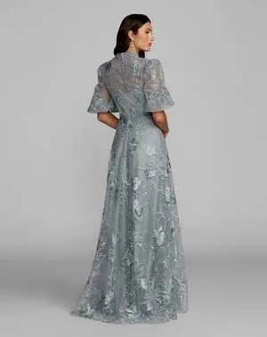 Mac Duggal Queen Anne Puff Sleeve Embroidered Gown