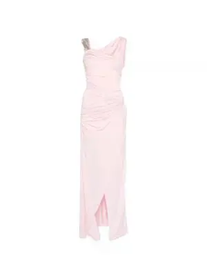 Amen Ruched Crystal-embellished Asymmetric Maxi Dress - Pink