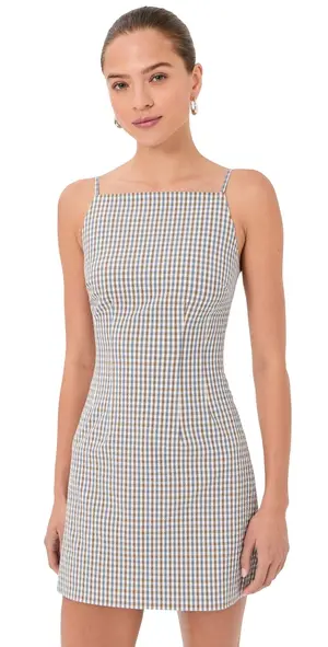 Veronica Beard Gingham Check Square Neck Mini Dress - Acorn Multi