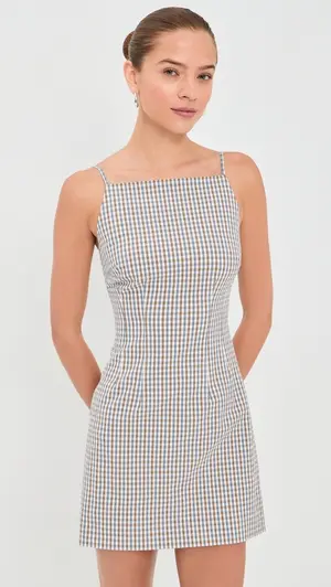Veronica Beard Gingham Check Square Neck Mini Dress - Acorn Multi