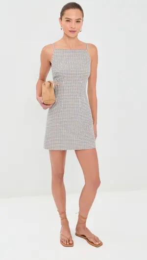 Veronica Beard Gingham Check Square Neck Mini Dress - Acorn Multi