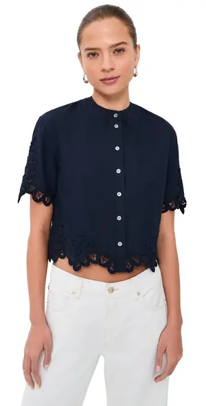 Veronica Beard Aleck Embroidered Shirt - Navy