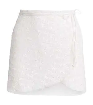 Oseree Sequinned Mini Wrap Skirt - Ivory