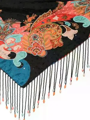 Etro Silk Scarf With Placed Print And Bead-adorned Fringing - Black