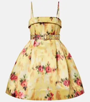 GANNI Pleated Printed Satin Minidress - Yellow