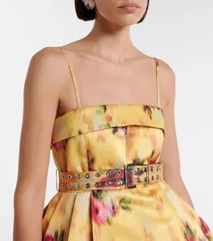 GANNI Pleated Printed Satin Minidress - Yellow