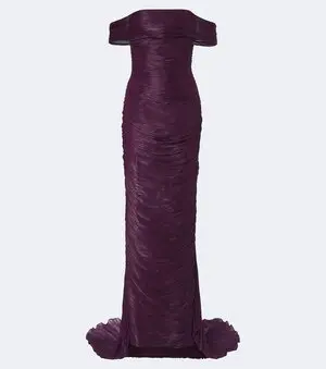 MARMAR HALIM Pleated Off-shoulder Bustier Gown - Purple