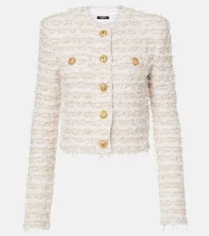 Balmain Cropped Tweed Jacket With Shoulder Pads - White