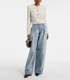 Balmain Cropped Tweed Jacket With Shoulder Pads - White