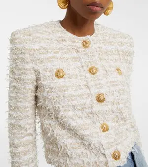 Balmain Cropped Tweed Jacket With Shoulder Pads - White