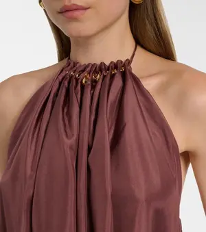Zimmermann Aster Beaded Halterneck Silk Top - Burgundy