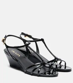 Prada Patent Leather Wedge Sandals - Black
