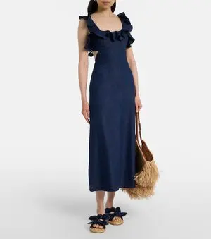 Zimmermann Aster Ruffled Denim Midi Dress