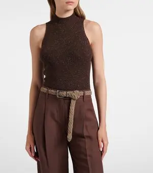 Brunello Cucinelli Ribbed Knit Lamé Mockneck Top - Brown