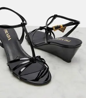 Prada Patent Leather Wedge Sandals - Black