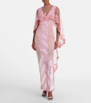 LA FUORI Panorama Embellished Caped Gown