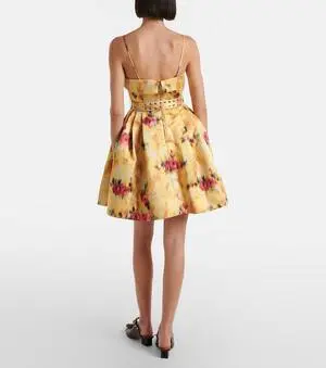 GANNI Pleated Printed Satin Mini Dress - Yellow