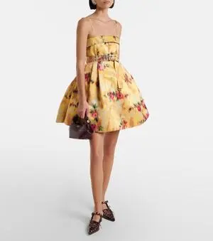 GANNI Pleated Printed Satin Mini Dress - Yellow