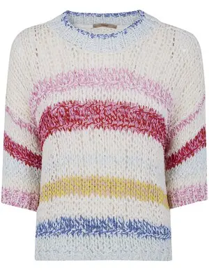 NUUR Short-sleeve Striped Sweater - Beige