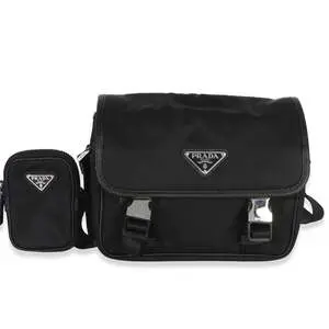 Prada Re-nylon Saffiano Double Buckle Messenger Bag - Black