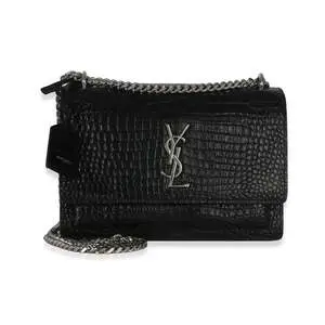 Saint Laurent Croc Embossed Calfskin Monogram Sunset Bag - Black