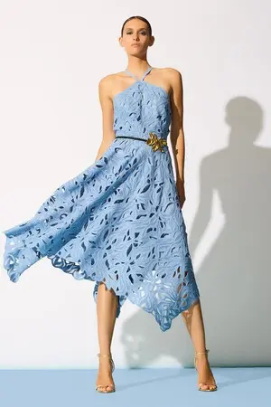 Natori Cutout Leaf Lace Halter Dress