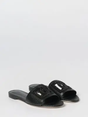 Dolce & Gabbana Grained Leather Sliders With Rhinestone Dg Monogram - Black