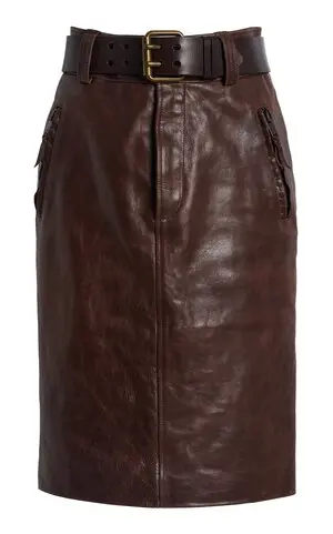 Saint Laurent Belted High-rise Leather Midi Skirt - Brown