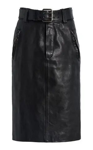 Saint Laurent Belted High-rise Leather Midi Skirt - Black