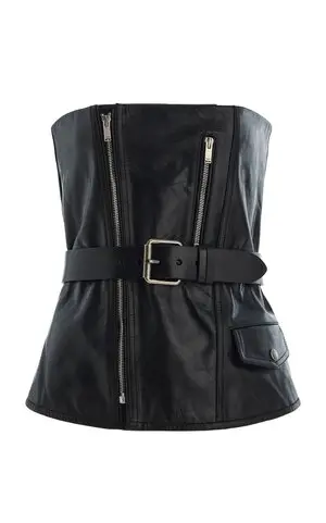 Saint Laurent Strapless Leather Biker Bustier Top - Black