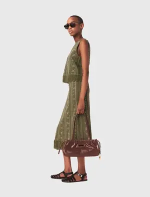 Maje Long Rhinestone Jacquard Knit Skirt - Khaki