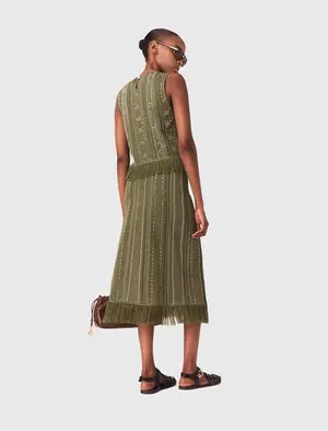 Maje Long Rhinestone Jacquard Knit Skirt - Khaki
