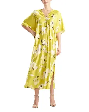 Natori Aurelia Printed Charmeuse Waterfall Caftan - Chartreuse