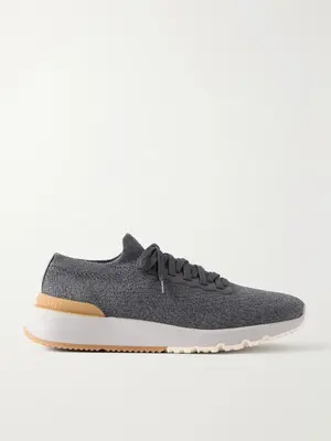 Brunello Cucinelli Leather-trimmed Stretch-knit Sneakers - Gray