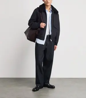 Sandro Wool-blend Aviator Jacket With Shearling Collar - Blue