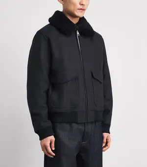 Sandro Wool-blend Aviator Jacket With Shearling Collar - Blue