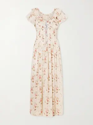 DÔEN Illiana Lace-trimmed Shirred Floral-print Organic Cotton Dress - Multi