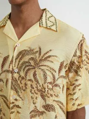 REISS Camino Palm-print Cuban-collar Shirt - Yellow