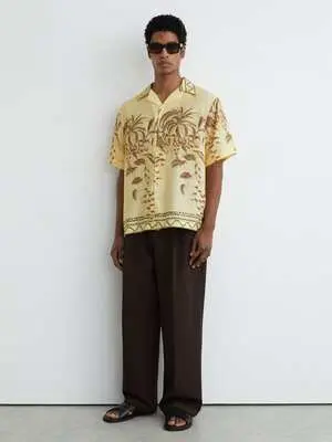 REISS Camino Palm-print Cuban-collar Shirt - Yellow