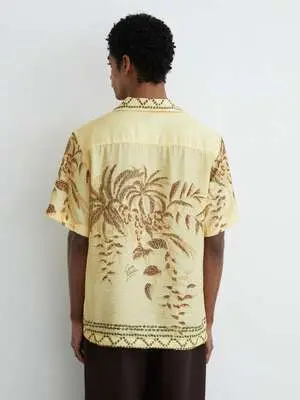 REISS Camino Palm-print Cuban-collar Shirt - Yellow