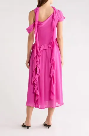 DAMSON MADDER Moxie Ruffle Asymmetric Midi Dress