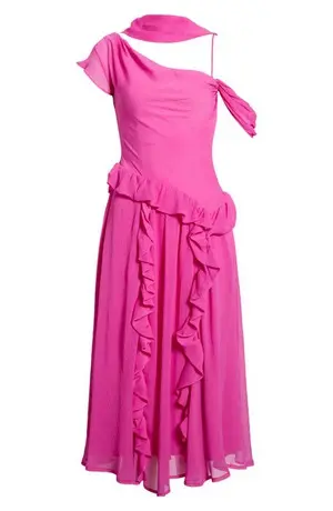 DAMSON MADDER Moxie Ruffle Asymmetric Midi Dress