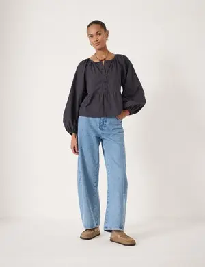 HUSH Beck Cotton Peplum Blouse - Navy Blue