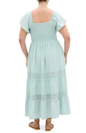 City Chic Haven Lace Trim Puff Sleeve Midi Dress - Seafoam