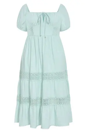City Chic Haven Lace Trim Puff Sleeve Midi Dress - Seafoam