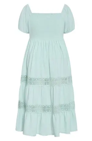 City Chic Haven Lace Trim Puff Sleeve Midi Dress - Seafoam