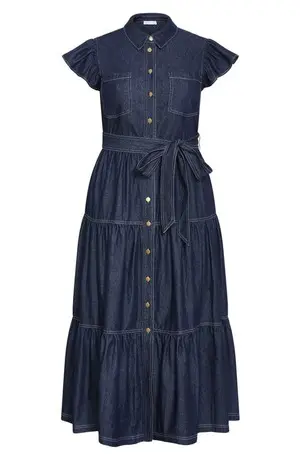 City Chic Kelsie Tie Waist Tiered Denim Maxi Dress