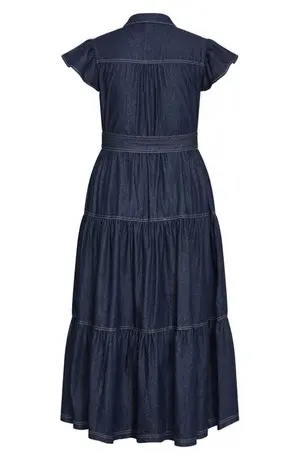 City Chic Kelsie Tie Waist Tiered Denim Maxi Dress