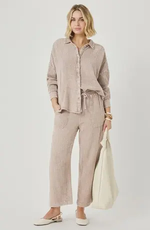 Splendid Ava Cotton Gauze Drawstring Pants - Light Wicker Brown