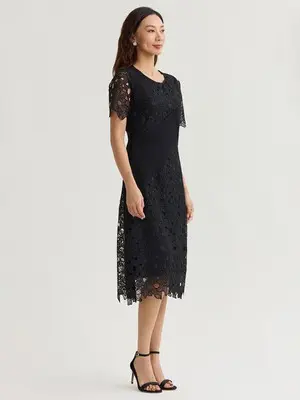 Misook Fit & Flare Mixed Media Midi Dress
